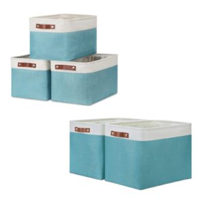 dullemelo collapsible bundle baskets 3 medium baskets 15"x11"x9.5" + 2 large baskets 16"x12"x12"（white&teal)