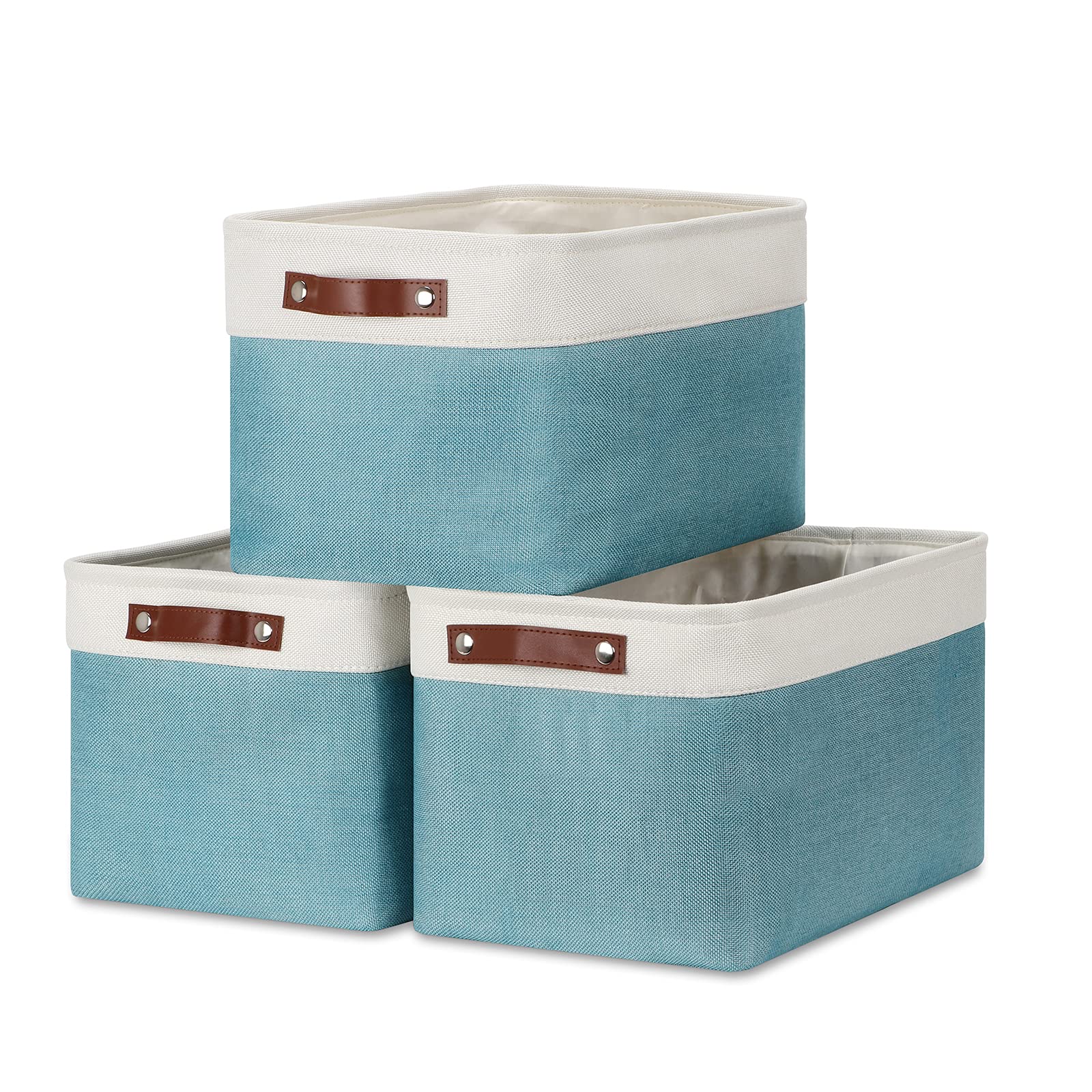 DULLEMELO Collapsible Bundle Baskets 3 Medium Baskets 15"x11"x9.5" + 2 Large Baskets 16"x12"x12"（White&Teal)