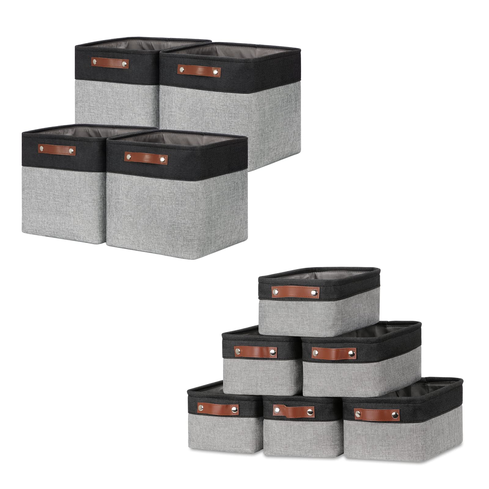 DULLEMELO Collapsible Bundle Baskets 4 Cube Baskets 12"x12"x12" + 6 Small Baskets 11.8"x7.9"x5.1"（Black&Grey