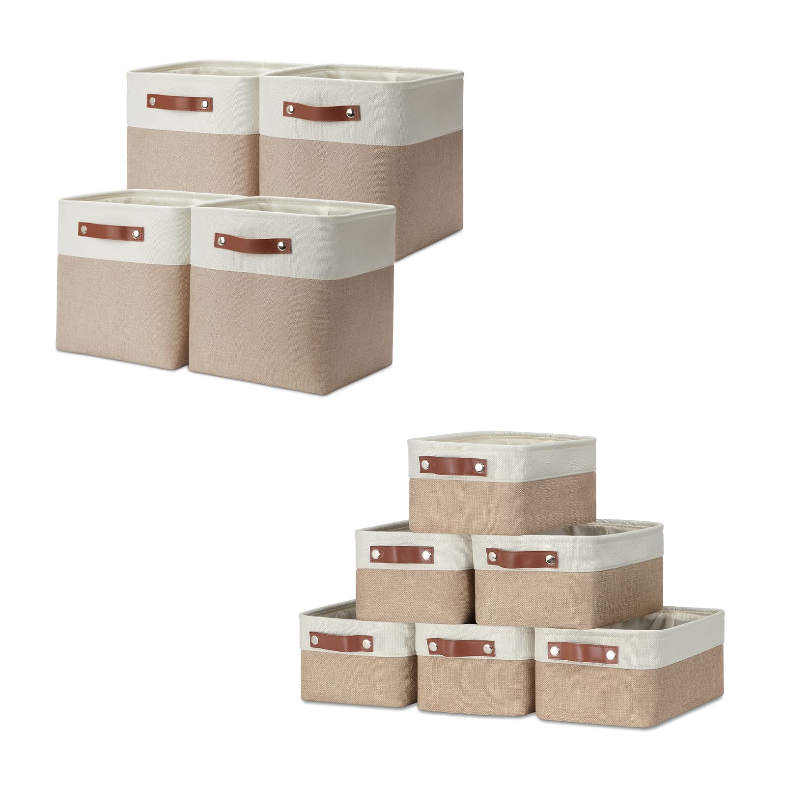 DULLEMELO Collapsible Bundle Baskets 4 Cube Baskets 11"x11"x11" + 6 Small Baskets 11.8"x7.9"x5.1"（White&Khaki)