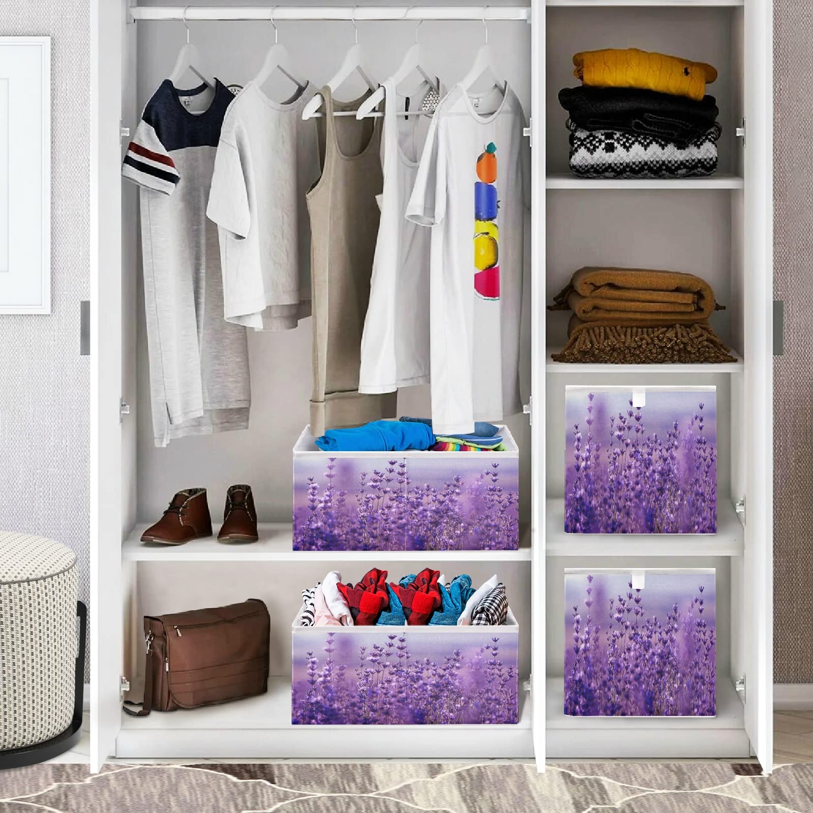 ALAZA Lavender Flower Purple Floral Storage Bin Organizer Foldable Basket for Closet Cabinet Shelf Office 15.75 x 10.63 x 6.96 Inch