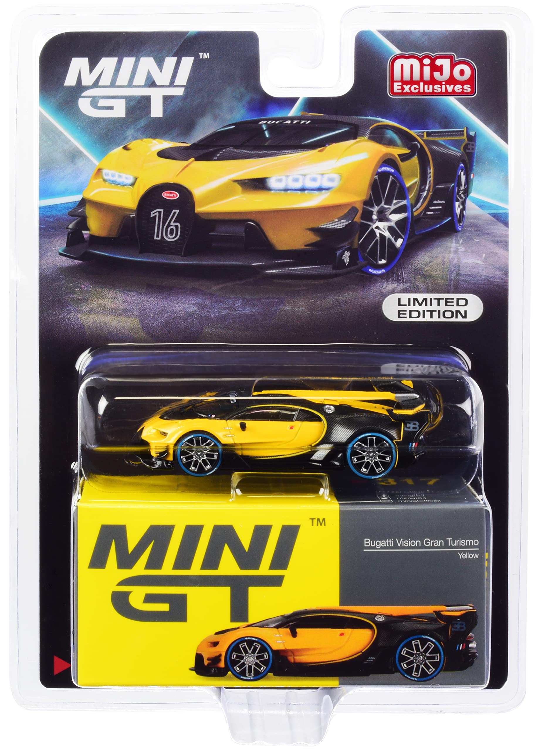 MINI GT Bugatti Vision Gran Turismo Yellow and Carbon 1/64 Diecast Model Car by True Scale Miniatures MGT00317