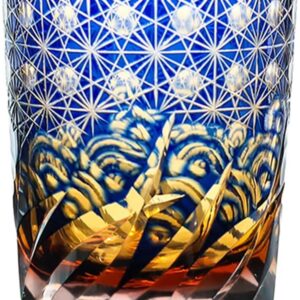 JIACI Edo Style Hand Cut Crystal Glass Tumbler Whisky Gass 8 Oz Glassware with Luxury Gift Box, Suitable for Cocktail Whisky Drink Red Wine Vodka (Amber Dlue)