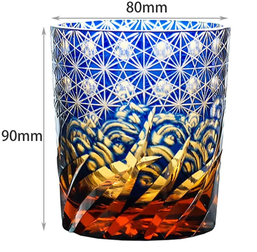 JIACI Edo Style Hand Cut Crystal Glass Tumbler Whisky Gass 8 Oz Glassware with Luxury Gift Box, Suitable for Cocktail Whisky Drink Red Wine Vodka (Amber Dlue)