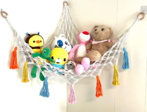 macramebay large handmade macrame stuffed animal toy net hammock boho girl nursery playroom bedroom kids room storage organizer decor with hooks