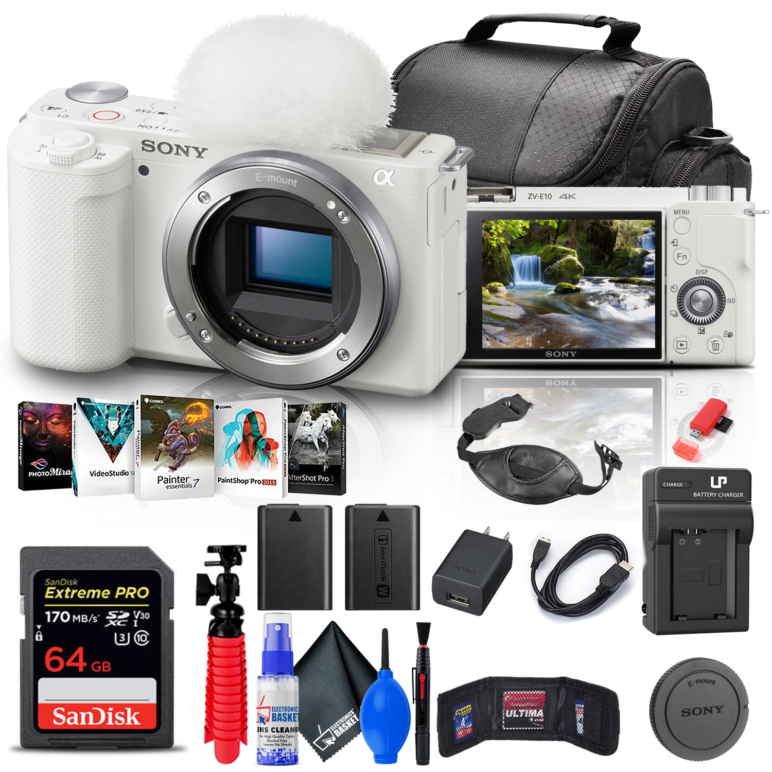 Sony ZV-E10 Mirrorless Camera (Body Only, White) (ILCZV-E10/W) + 64GB Card + Corel Photo Software + Bag + NPF-W50 Battery + External Charger + Card Reader + HDMI Cable + Flex Tripod + More (Renewed)