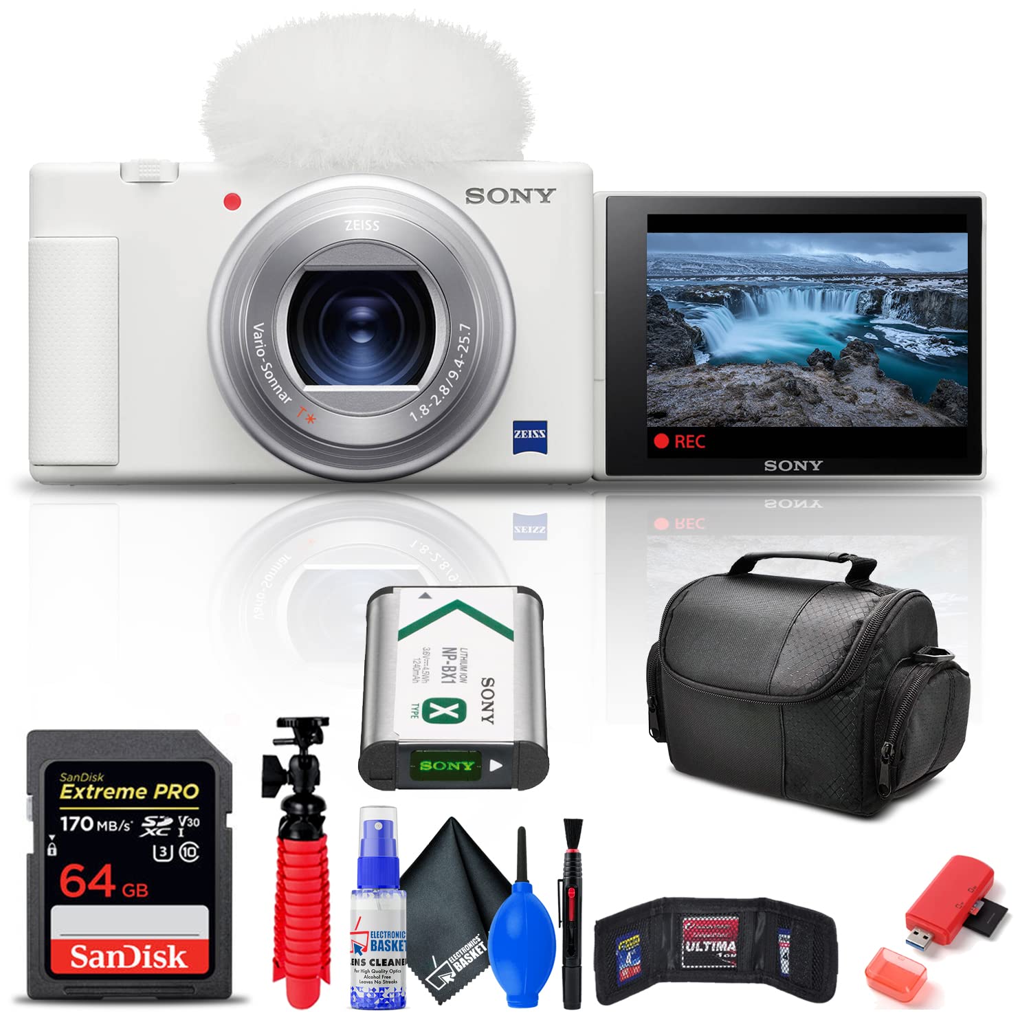 Sony ZV-1 Digital Camera (White) (DCZV1/W) + 64GB Memory Card + Card Reader + Deluxe Soft Bag + Flex Tripod + Memory Wallet + Cleaning Kit (Renewed)