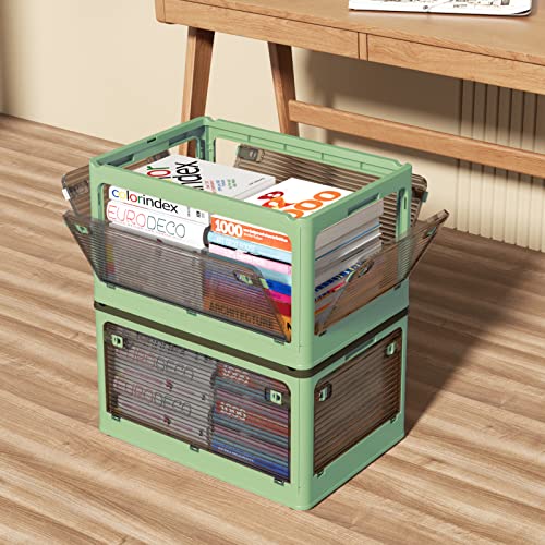 ANMINY Lidded Plastic Storage Bin 5-Door Collapsible Stackable Portable Crate Clear Storage Box Container Basket with Wheels Handles Lid for Outdoor Grocery Travel Car Truck Use - Green, Small