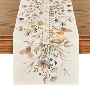 artoid mode wildflower leaves floral fall table runner, autumn thanksgiving kitchen dining table decoration for indoor outdoor home party 13x72 inch