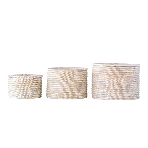 Whitewashed Woven Seagrass Baskets With Lids (Set Of 3 Sizes) White