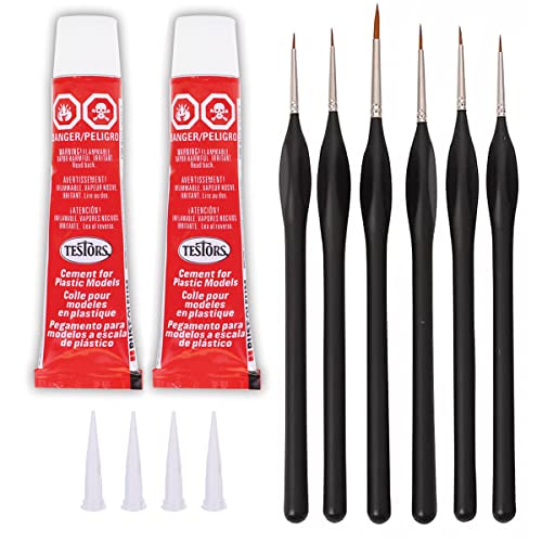 Testors Plastic Cement Glue and Pixiss Miniatures Paint Brushes - Strong, Fast Drying Model Glue for Model Cars, DND Miniatures - Fine Detail Round Brushes for Watercolor, Oil, and Acrylic Paints