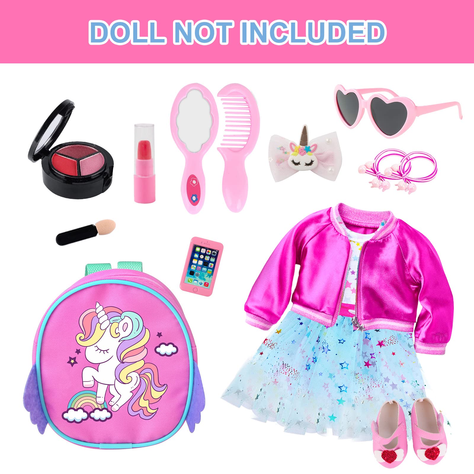 American 18 Inch Doll Clothes and Makeup Accessories Set Includes 18 Inch Doll Clothes Backpack Sunglasses Phone Shoes Comb Mirror Eye Shadow Lipstick Hair Clip Hair Tie for 18 Inch Doll