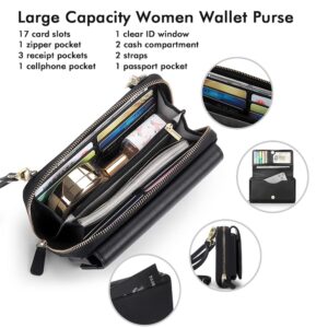 RONSIN Women Crossbody Wallet Purse, RFID Card Holder Wristlet Clutch 2 Straps, Black