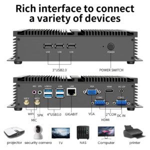 Kinupute Fanless Mini PC, Industrial Desktop Computer i7-8550U Windows 10 Pro, 16GB DDR4, 256GB SSD, 2xCOM, 4xUSB 3.0, HDMI/VGA Port, 4K, Gigabit Ethernet, 2.4G+5G WiFi for Industry Business Home