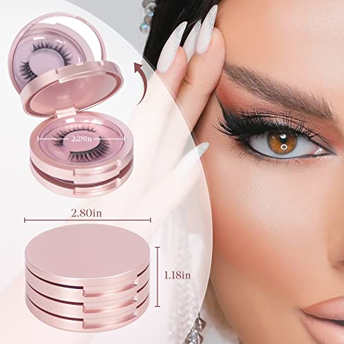 Buqikma 3 Layers Circle Eyelash Box with Mirror, Empty Eyelash Storage Case Organizers Travel Lash Case with Lash Holder for Cosmetic （Rose Gold）