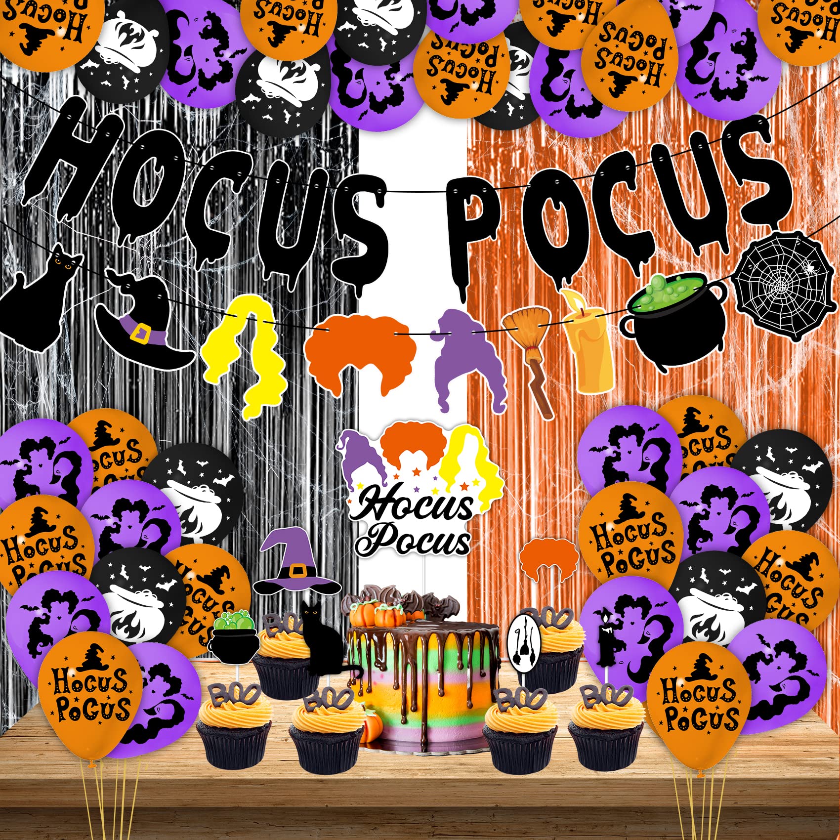 Hocus Pocus Party Decorations 52PCS Hocus Pocus Party Decor with Hocus Pocus Banner Cupcake Toppers Halloween Hocus Pocus Decorations for Home Halloween Party Decorations