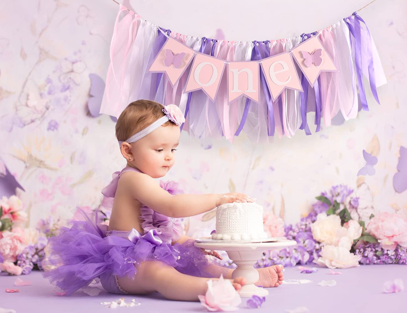 Butterfly One Birthday Highchair Banner - First Birthday Highchair Banner，one High Chair Banner，1st Birthday High Chair Banner，one Party Decoration Photo Props Cake Smash