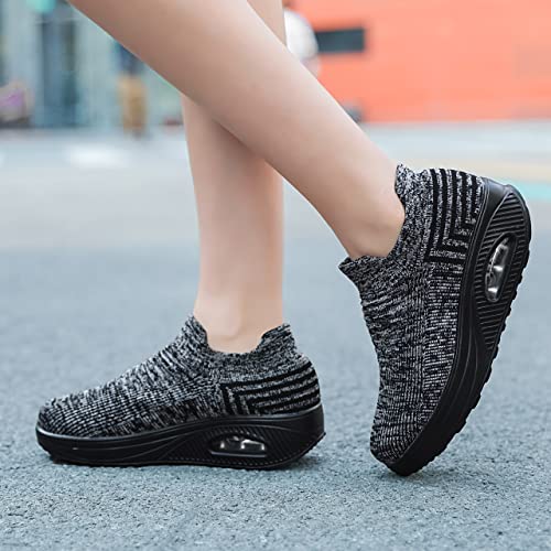 L LOUBIT Women's Platform Walking Shoes Breathable Sock Sneakers Slip On Lightweightable Nuring Shoes Lightweight Wedge Loafers Light Grey 37