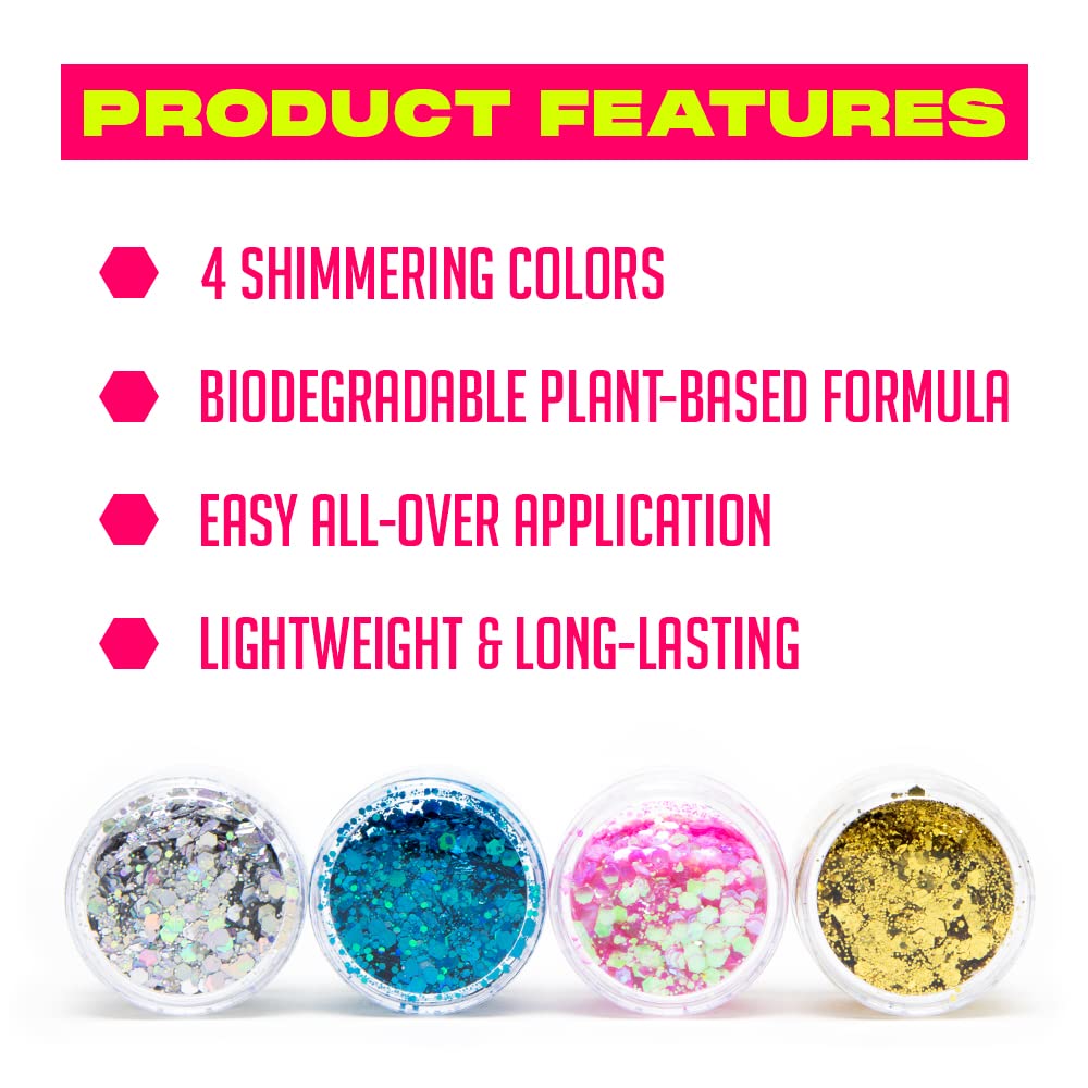 Biodegradable Glitter Makeup | Face Glitter, Hair Glitter, and Body Glitter | Plant Based Glitter Makeup for EDM Rave Music Festivals and Cosplay | Chunky Glitter Multicolor 4 Pack