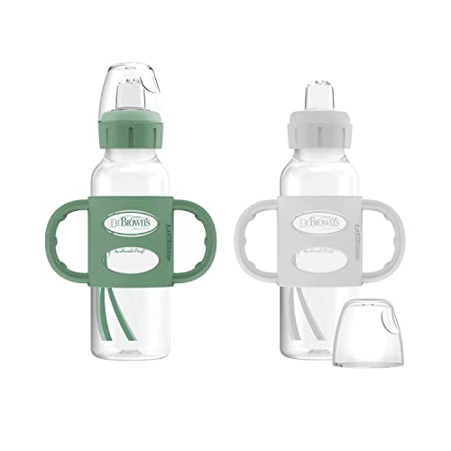 Dr. Brown's Milestones Narrow Sippy Spout Bottle with 100% Silicone Handles, Easy-Grip Handles with Soft Sippy Spout, 8oz/250mL, Green & Gray, 2-Pack, 6m+