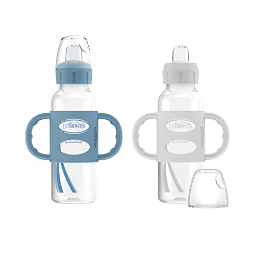 Dr. Brown's Milestones Narrow Sippy Spout Bottle with 100% Silicone Handles, Easy-Grip Handles with Soft Sippy Spout, 8oz/250mL, Light-Blue & Gray, 2-Pack, 6m+