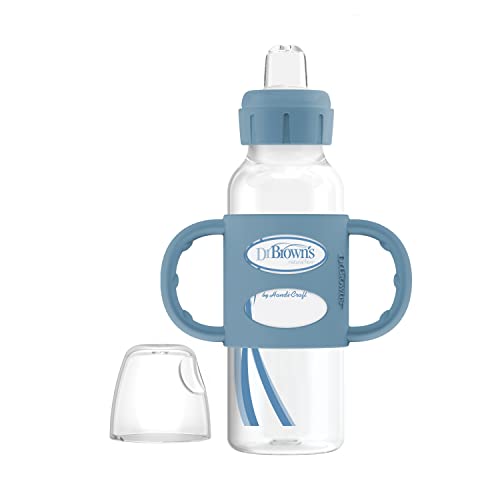 Dr. Brown's Milestones Narrow Sippy Spout Bottle with 100% Silicone Handles, Easy-Grip Handles with Soft Sippy Spout, 8oz/250mL, Light-Blue & Gray, 2-Pack, 6m+