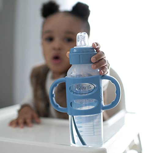 Dr. Brown's Milestones Narrow Sippy Spout Bottle with 100% Silicone Handles, Easy-Grip Handles with Soft Sippy Spout, 8oz/250mL, Light-Blue & Gray, 2-Pack, 6m+