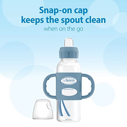 Dr. Brown's Milestones Narrow Sippy Spout Bottle with 100% Silicone Handles, Easy-Grip Handles with Soft Sippy Spout, 8oz/250mL, Light-Blue & Gray, 2-Pack, 6m+