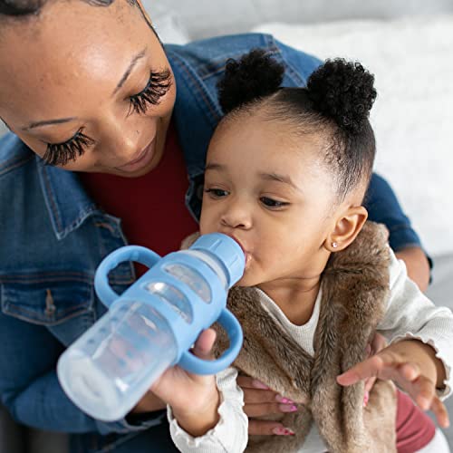 Dr. Brown's Milestones Narrow Sippy Spout Bottle with 100% Silicone Handles, Easy-Grip Handles with Soft Sippy Spout, 8oz/250mL, Light-Blue & Gray, 2-Pack, 6m+