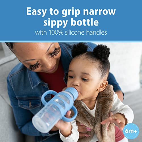 Dr. Brown's Milestones Narrow Sippy Spout Bottle with 100% Silicone Handles, Easy-Grip Handles with Soft Sippy Spout, 8oz/250mL, Light-Blue & Gray, 2-Pack, 6m+