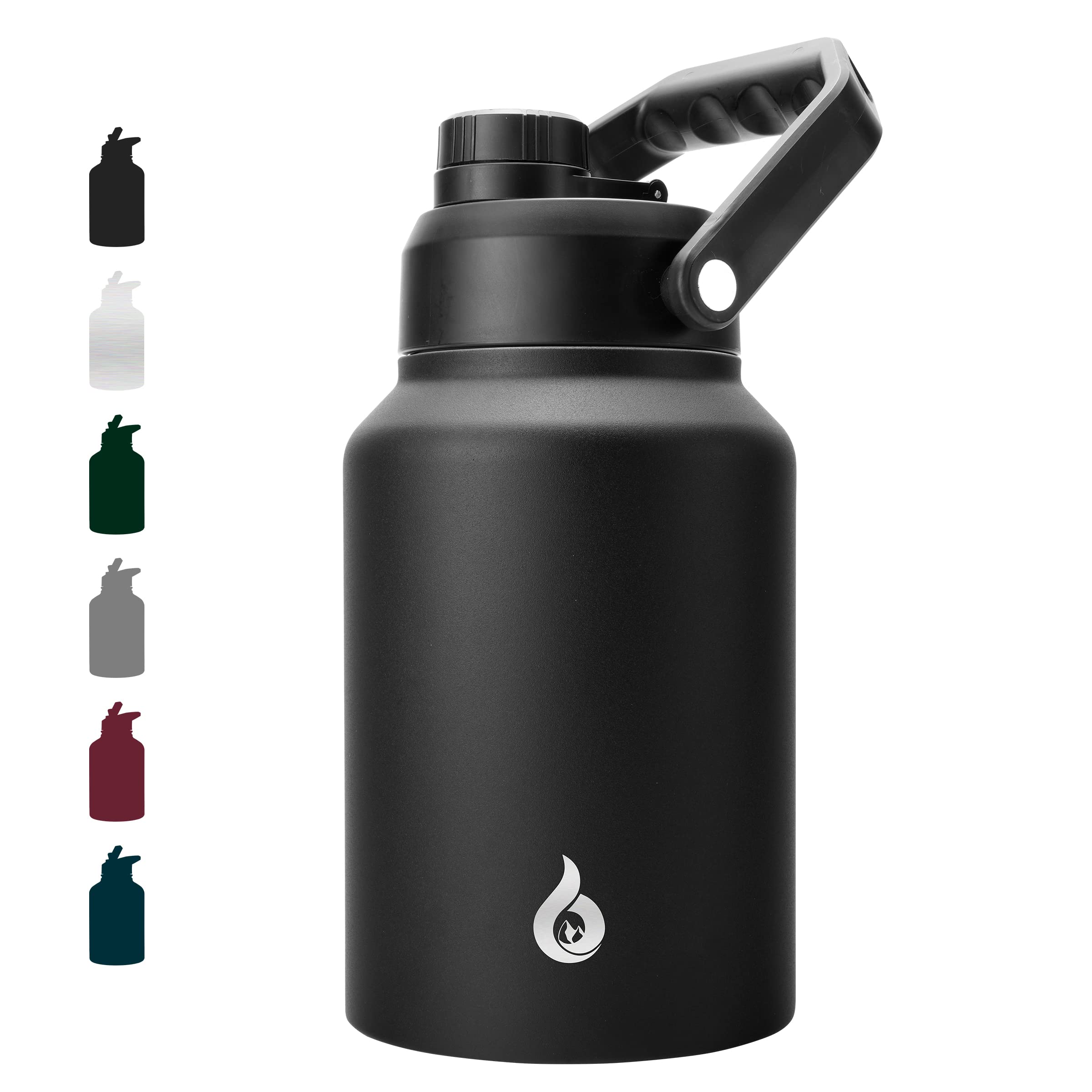 BJPKPK 64oz Insulated Water Bottle, Dishwasher Safe Half Gallon Water Bottle with Ergonomic Handle, BPA Free Leak Proof Water Jug for Sports, Metal Water Bottle with Anti-slip Bottom, Black