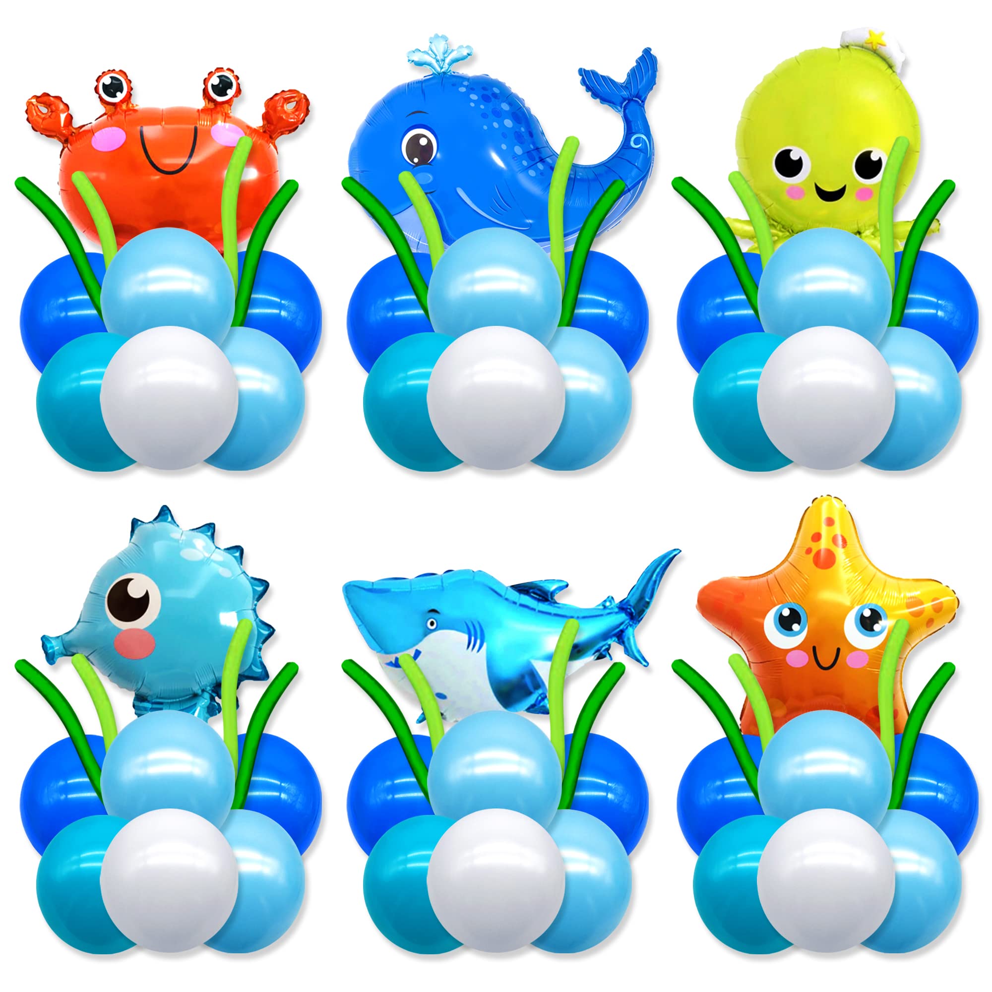 66 PCS Sea Animal Balloons Sets Shark Octopus Crab Seahorse Whale Starfish Animals Balloons Blue Balloons Green Seaweed Balloons For Ocean Sea Themed Birthday Party Decorations Baby Shower Supplies