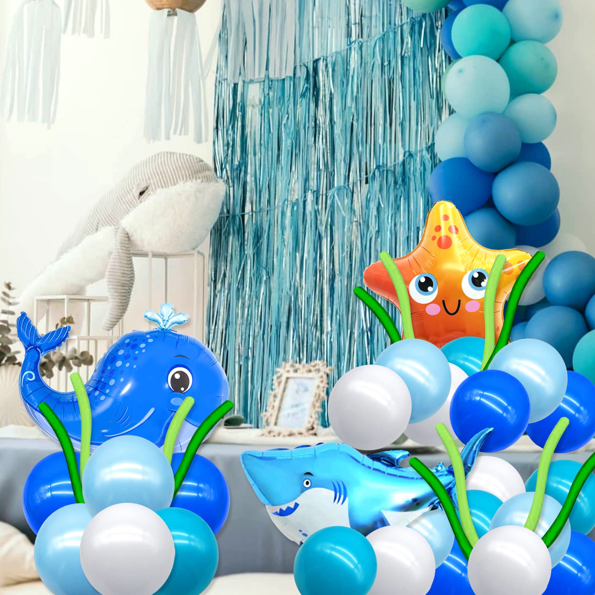 66 PCS Sea Animal Balloons Sets Shark Octopus Crab Seahorse Whale Starfish Animals Balloons Blue Balloons Green Seaweed Balloons For Ocean Sea Themed Birthday Party Decorations Baby Shower Supplies