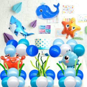 66 PCS Sea Animal Balloons Sets Shark Octopus Crab Seahorse Whale Starfish Animals Balloons Blue Balloons Green Seaweed Balloons For Ocean Sea Themed Birthday Party Decorations Baby Shower Supplies