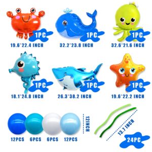 66 PCS Sea Animal Balloons Sets Shark Octopus Crab Seahorse Whale Starfish Animals Balloons Blue Balloons Green Seaweed Balloons For Ocean Sea Themed Birthday Party Decorations Baby Shower Supplies