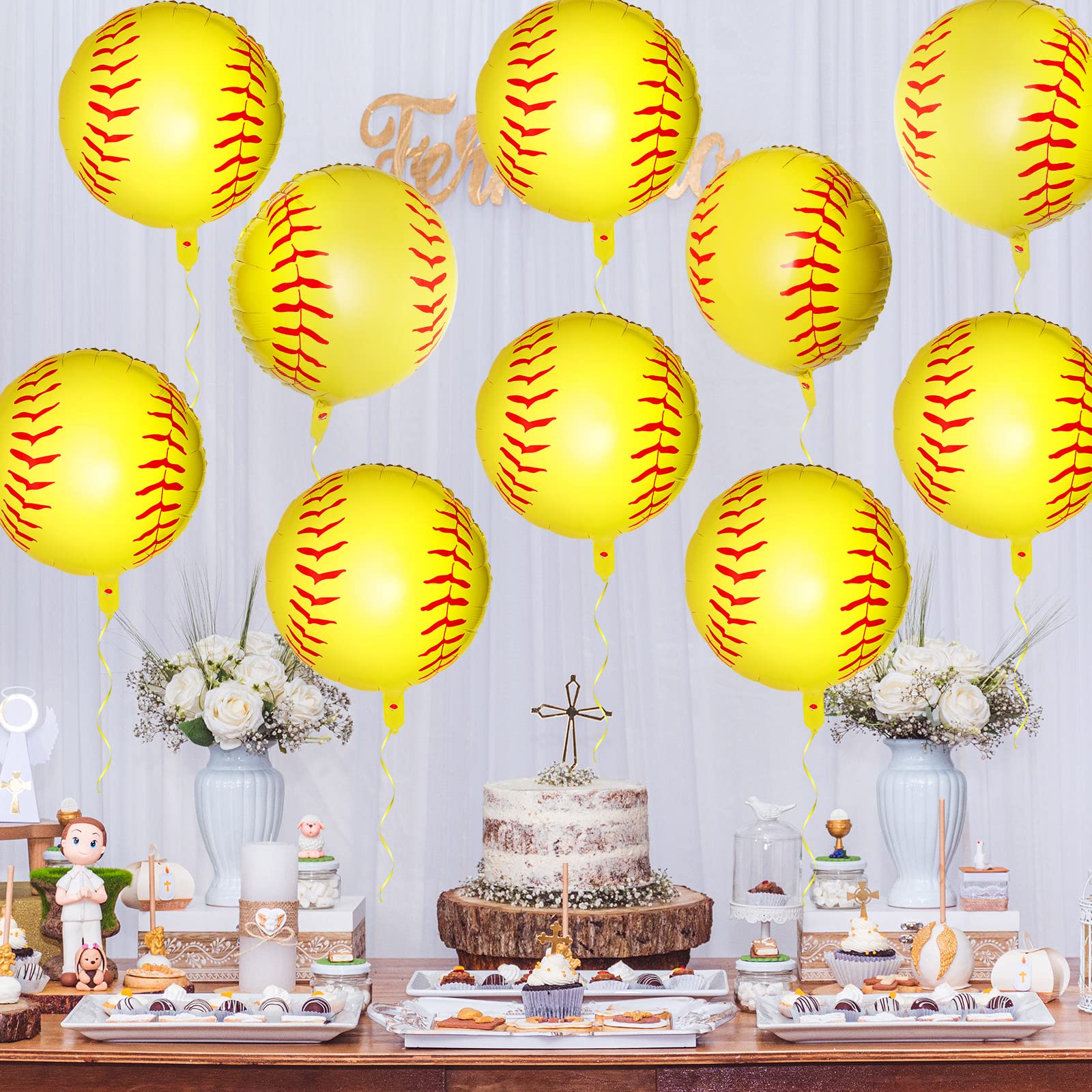 Softball Foil Balloons Softball Party Favors Softball Balloons Round Sports Themed Party Softball Backdrop for Birthday Party Boys Girls Baby Shower Decorations (12 Pieces)