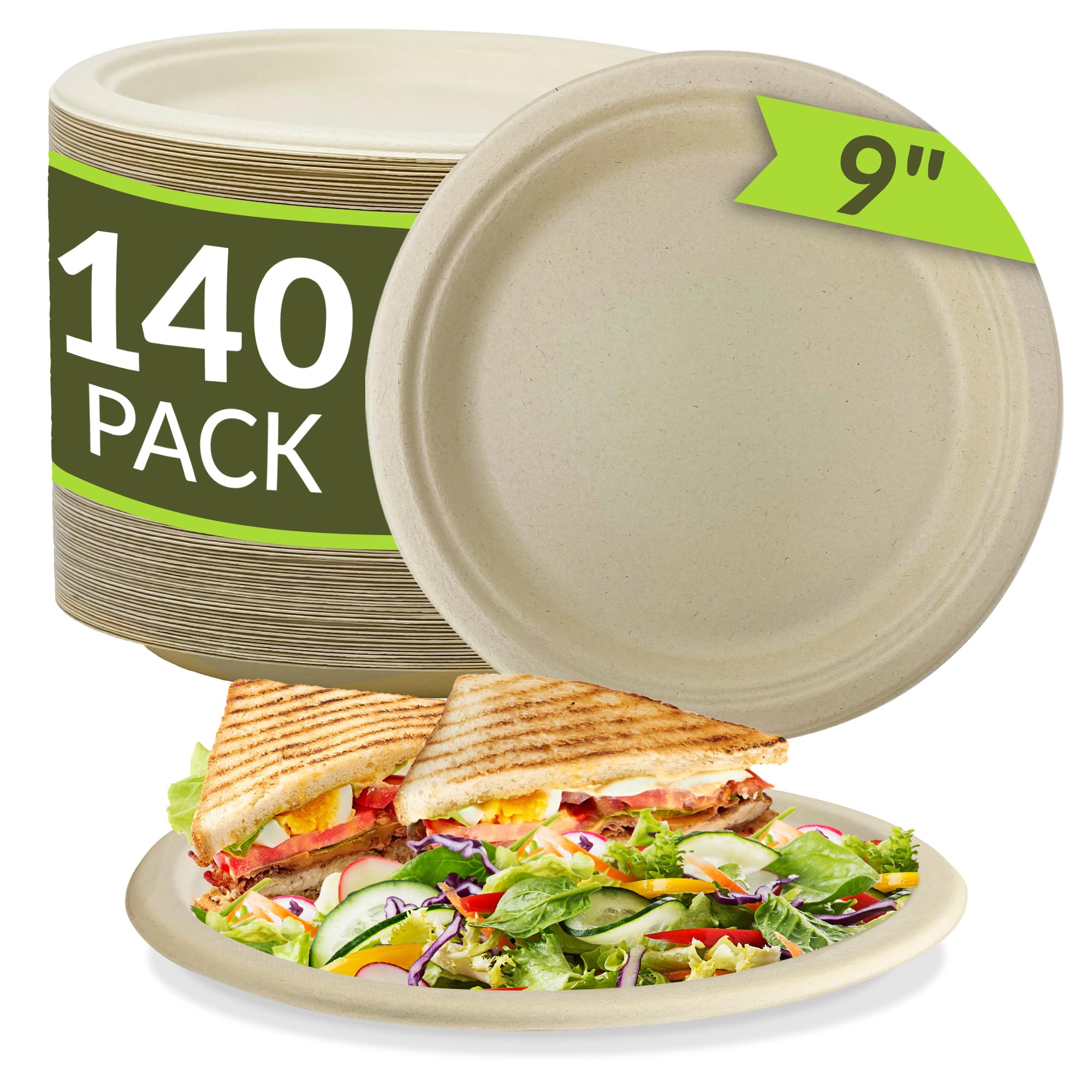 Reli. Compostable Paper Plates 9 Inch (140 Pack Bulk) | Brown Disposable Plates 9" | Heavy Duty Paper Plates, Eco-Friendly | Made of Sugarcane Fibers/Bagasse - Biodegradable | Microwavable (Natural)