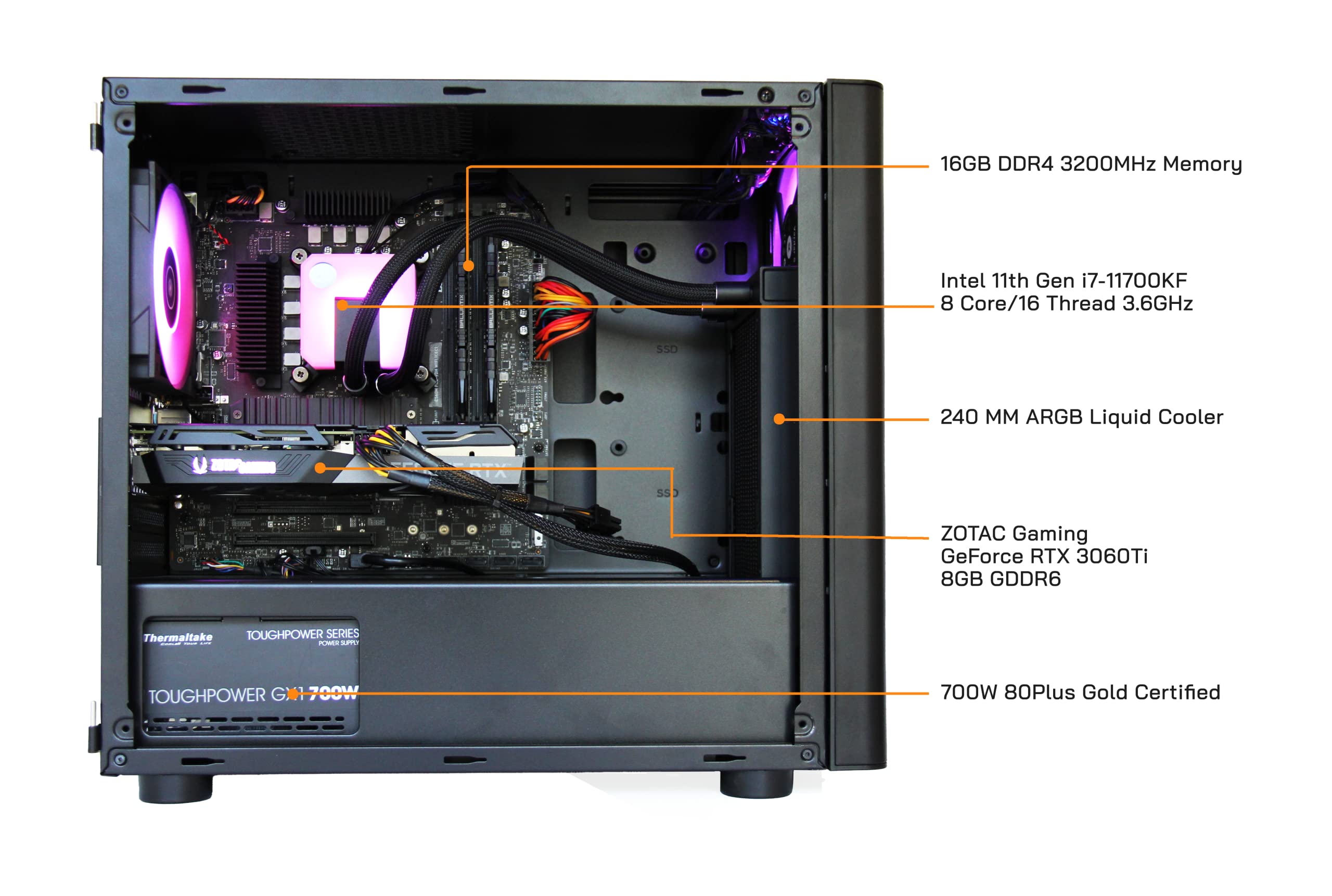 ZOTAC Gaming MEK Hero G1 I1736KFT Liquid Cooling Gaming PC Desktop Intel 11th Gen Core i7 11700KF, GeForce RTX 3060 Ti 8GB, 16GB 3200 MHz DDR4, 1TB M.2 NVMe SSD, RGB ‎- GH3060TI170KF01BL-U-W2B