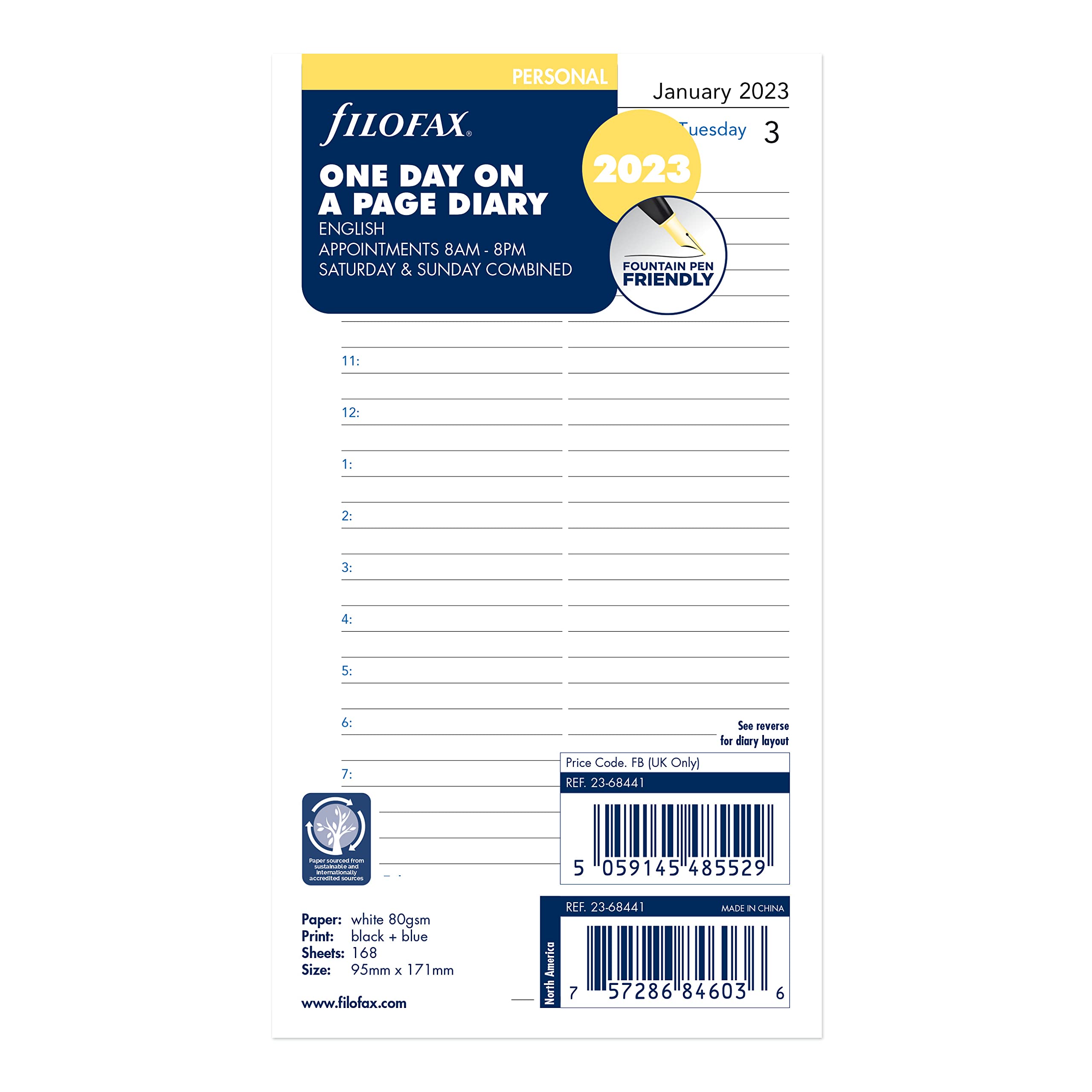 Filofax Refill, Personal/Compact Size, Day on One Page with Appointments, Ruled, White Paper, English, 2023 (68441-2018)