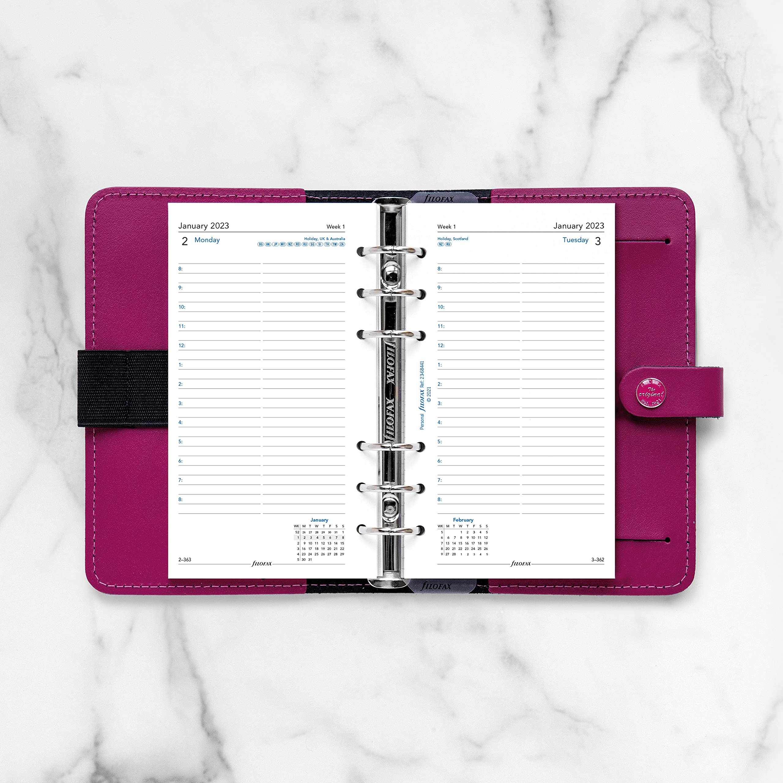 Filofax Refill, Personal/Compact Size, Day on One Page with Appointments, Ruled, White Paper, English, 2023 (68441-2018)