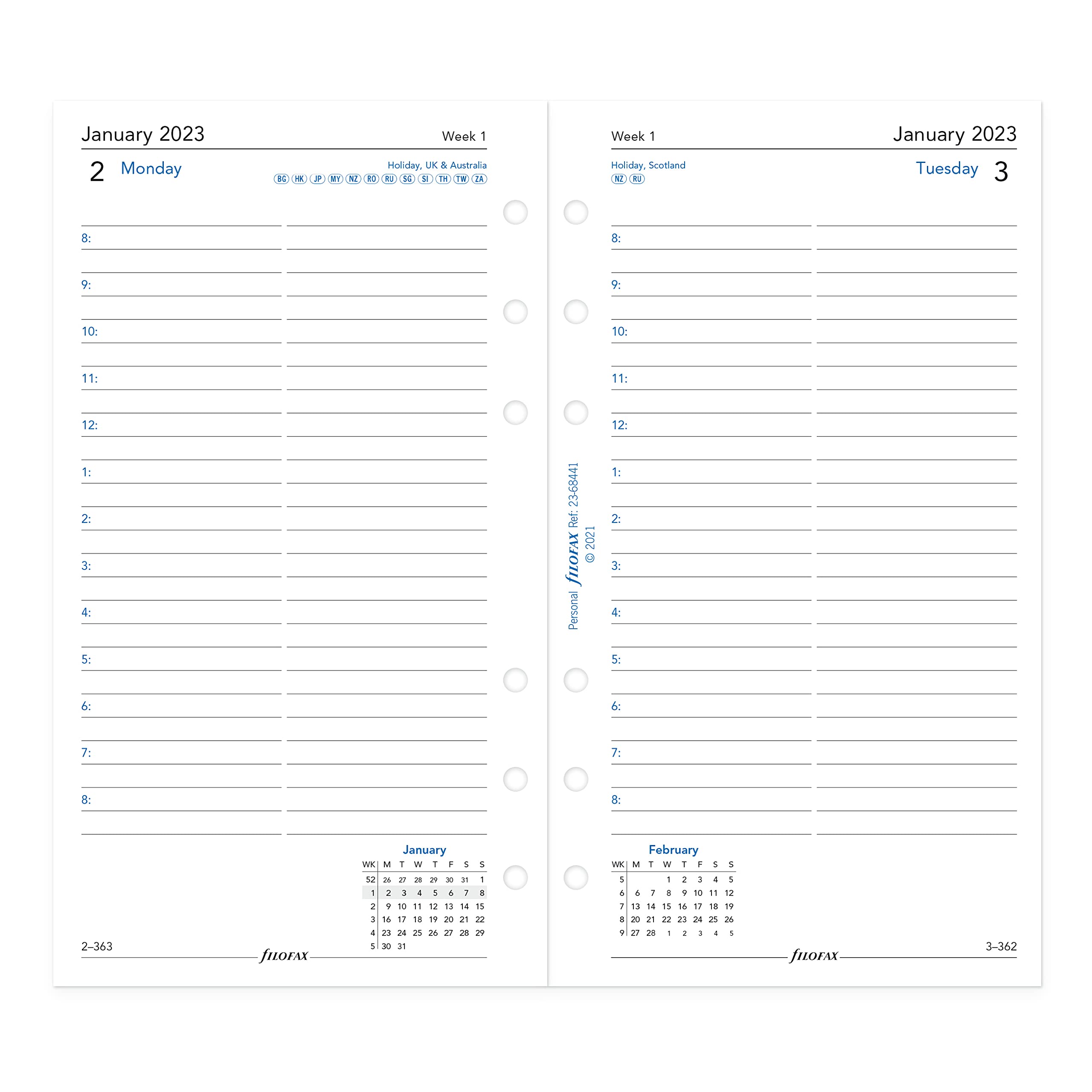 Filofax Refill, Personal/Compact Size, Day on One Page with Appointments, Ruled, White Paper, English, 2023 (68441-2018)