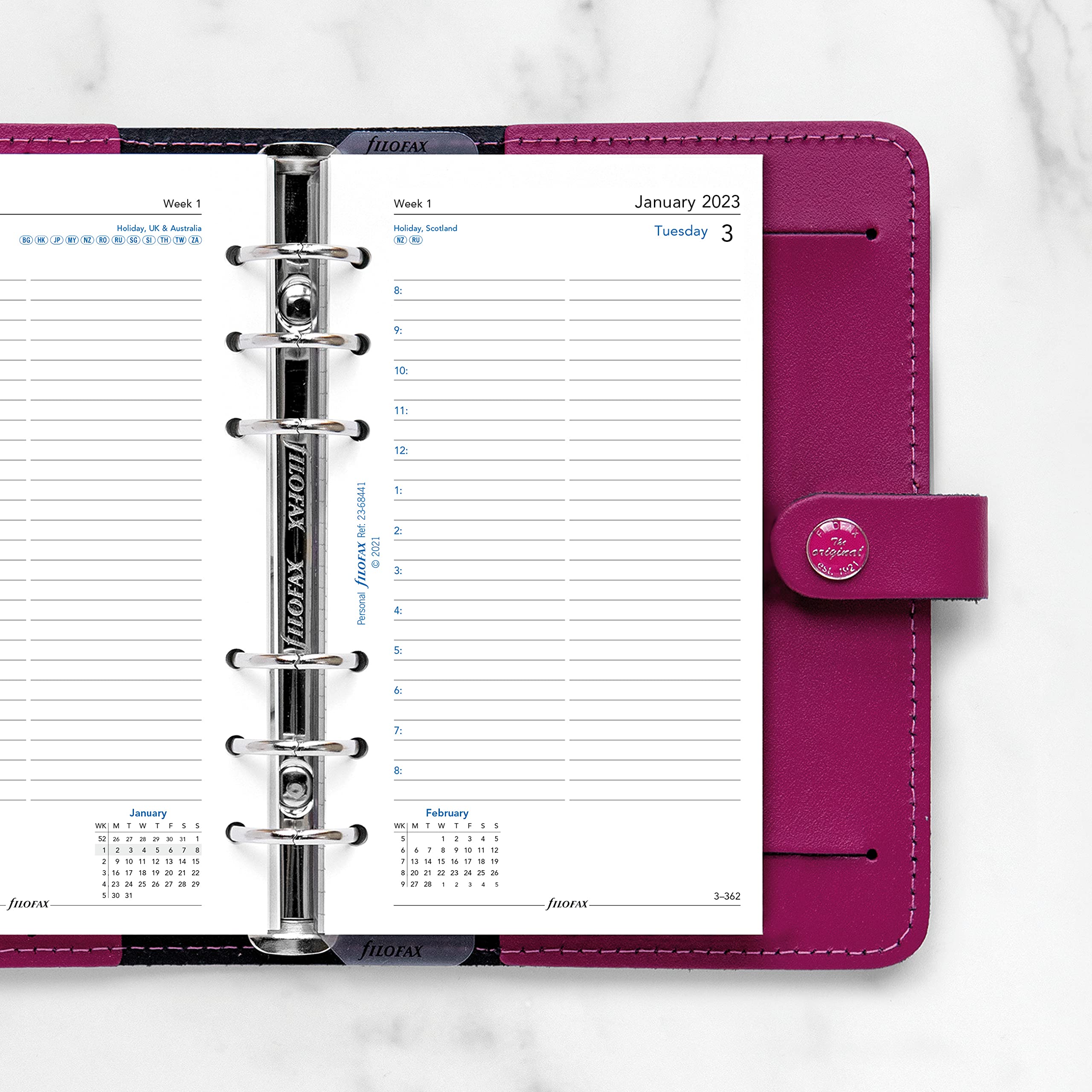 Filofax Refill, Personal/Compact Size, Day on One Page with Appointments, Ruled, White Paper, English, 2023 (68441-2018)