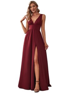 ever-pretty women's bridemaids dresses deep v-neck sleeveless side slit floor length wedding guest dress burgundy us4