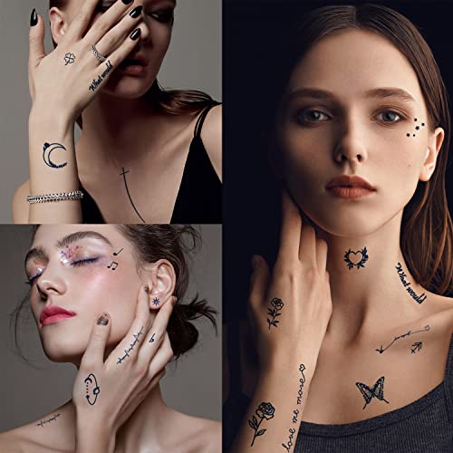 Metuu 30 Sheets Semi-Permanent Tattoos Waterproof Last 1-2 Weeks，Positive Words Flower Crown Butterfly Tiny Fake Temporary Tattoo Stickers For Women Men Girls