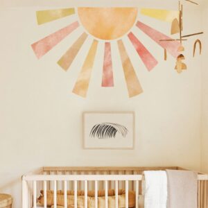 astrkiz large fabric watercolor boho half sun wall decals peel and stick, pastel sunrise wall murals stickers, sunshine wall art decor for kids room playroom nursery bedroom, 48.03" x 28.74"