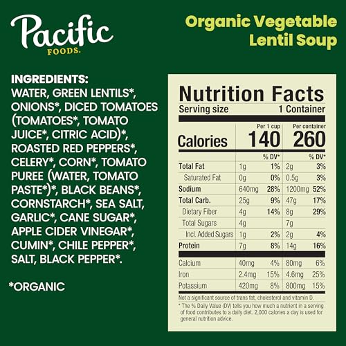 Pacific Foods Organic Vegetable Lentil Soup, Vegan Soup, 16.3 oz Can