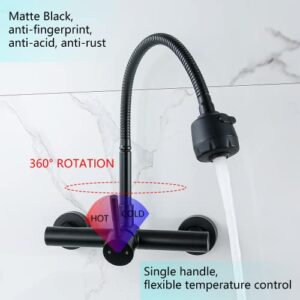 ZHYICH Kitchen Sink Faucet Wall Mount with Sprayer, Stainless Steel Mixer Tap, Matte Black Finish, NSF and Lead-Free Certified for Utility and Laundry Sink Faucet