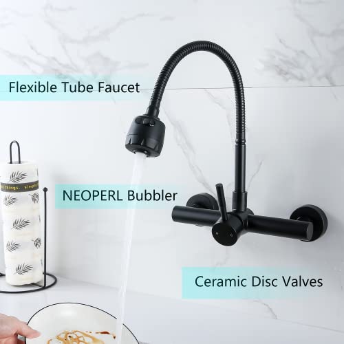 ZHYICH Kitchen Sink Faucet Wall Mount with Sprayer, Stainless Steel Mixer Tap, Matte Black Finish, NSF and Lead-Free Certified for Utility and Laundry Sink Faucet