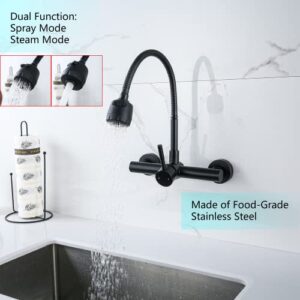 ZHYICH Kitchen Sink Faucet Wall Mount with Sprayer, Stainless Steel Mixer Tap, Matte Black Finish, NSF and Lead-Free Certified for Utility and Laundry Sink Faucet