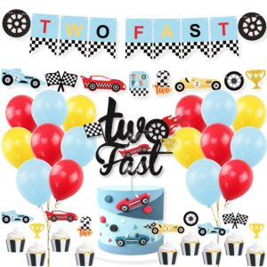 race car two fast party decorations supplies racing theme 2nd birthday party banner race car second birthday cake topper checkered flags balloons for let's go racing theme sports event party supplies